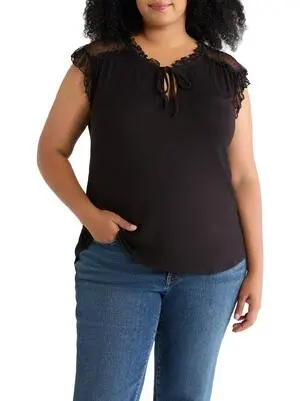 Loveappella Tie Neck Ruffle Top - Black