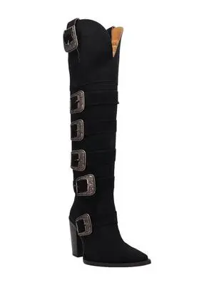DINGO Dingo Buckled Leopard Print Leather Western Boots Black