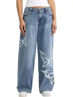 YMI Tattoo Butterfly High Waist Wide Leg Jeans - Medium Wash