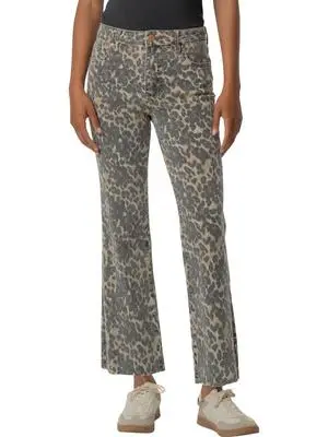 Kut From The Kloth Kelsey Print Raw Hem High Waist Ankle Flare Jeans - Tan/brown