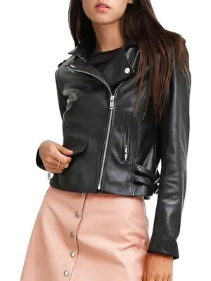 BELLE & BLOOM Just Friends Genuine Leather Jacket With Notched Lapels - Black