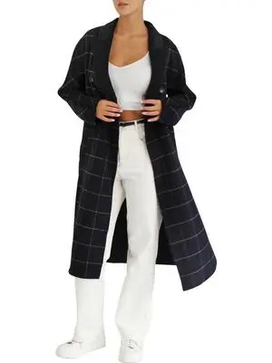 BELLE & BLOOM Windowpane Plaid Wool Blend Coat - Navy Plaid