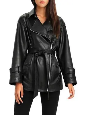 BELLE & BLOOM Belted Leather Jacket - Black