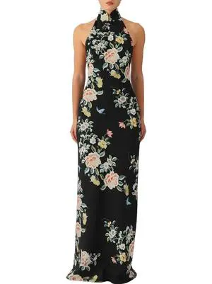 SAU LEE Georgia Floral Halter Gown - Black