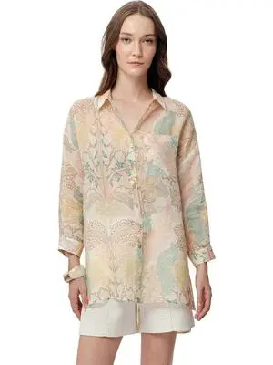 EXQUISE Printed Ramie Classic Collar Long Sleeve Shirt - Multi Color