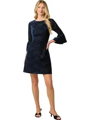 Adrianna Papell Bell Sleeve Floral Stretch Burnout Velvet Short Dress - Navy