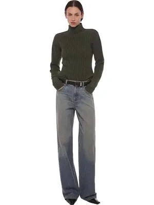 Helmut Lang Wool Mock Neck Ribbed Sweater - Thyme
