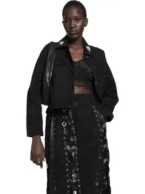 SIMONE ROCHA Simone Rocha Cropped Floral Denim Jacquard Jacket With Embellished Collar