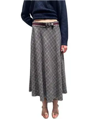 Max Mara Check-pattern Embellished-belt Midi Skirt - Black