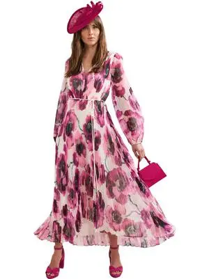 PHASE EIGHT Natalia Floral Pleated Maxi Dress - Pink
