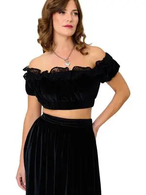 Unique Vintage 1970s Off-the-shoulder Ruffle Crop Top - Black Solid