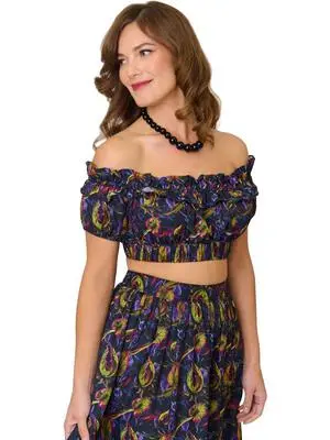 Unique Vintage 1970s Off-the-shoulder Ruffle Crop Top - Purple W/plants Print