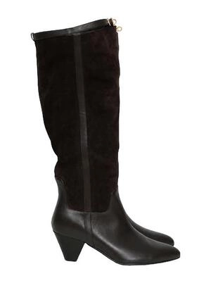 BELLE & BLOOM Belle & Bloom Knee-High Leather And Suede Boots With Sculptural Heel Dark Brown