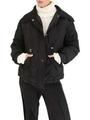 BELLE & BLOOM Quilted Jacket With Spread Collar And Drawstring Waist - Black