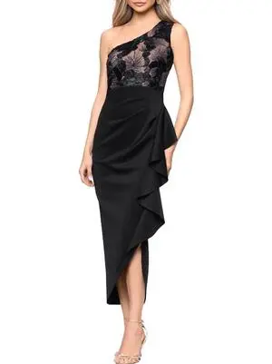 Betsy & Adam Metallic Floral Mixed Media One-shoulder Cocktail Midi Dress - Black/nude
