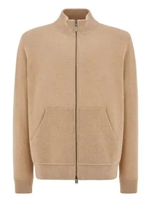 Canali Camel Wool, Cotton And Cashmere Full-zippered Straight-cut Sweatshirt - Beige