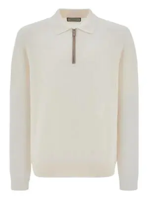 Canali Wool And Cashmere Blend Zip-up Polo Shirt With Nubuck Details - White