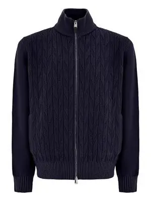 Canali Navy Macro-structured Wool Zippered Cardigan - Blue