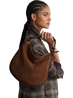 REISS Aurelie Suede And Leather Curved Shoulder Bag - Tan