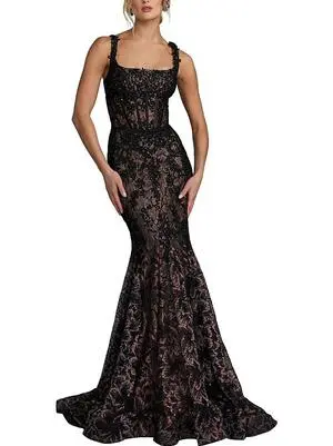 Mac Duggal Petite Sleeveless Embellished Lace Mermaid Gown - Black