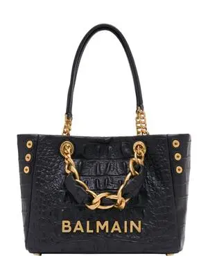 Balmain 1945 Soft Basket Small Calfskin Embossed Croc Mini Bag - Noir