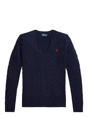 Ralph Lauren RALPH LAUREN Wool-Cashmere Cable Knit V-Neck Sweater Navy