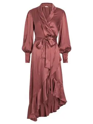 Zimmermann Asymmetric Silk Midi Wrap Dress - Rose