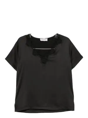 Ermanno Scervino Lace-detail V-neck T-shirt - Black