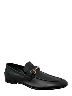 Gucci Leather Loafers With Green And Red Buckle - Black