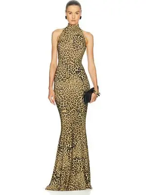 Norma Kamali Halter Turtle Fishtail Gown In Brown - Cheetah Patch