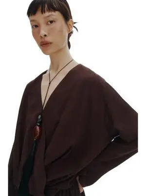 H&M Linen-blend Wrap Blouse - Dark Brown