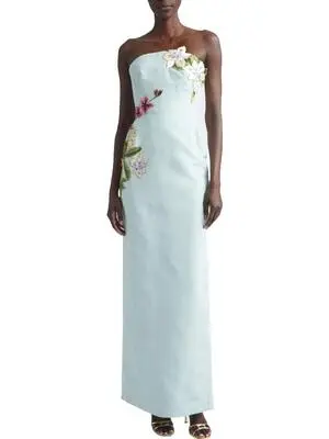 OSCAR DE LA RENTA Mixed Botanical Strapless Silk Faille Gown