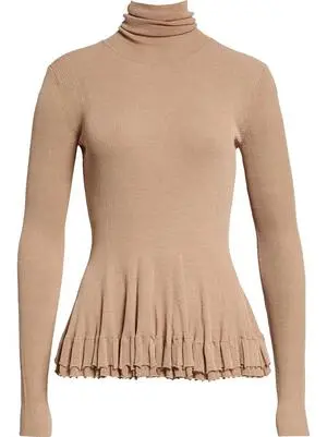 ASHLYN ASHLYN Meritt Ruffle Hem Rib Turtleneck Sweater Tan