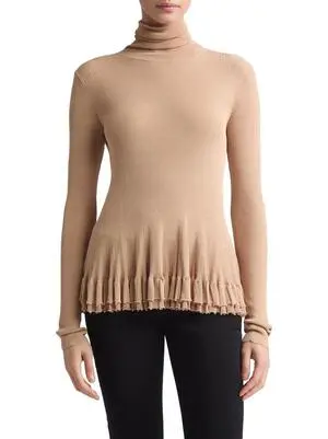 ASHLYN Meritt Ruffle Hem Rib Turtleneck Sweater - Tan