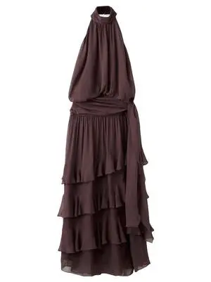 Mango Ruffled High Neck Tiered Maxi Dress - Brown