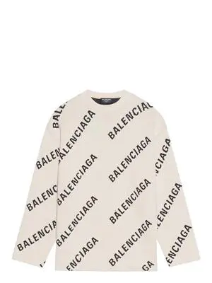 Balenciaga All Over Logo Crewneck Wool Knit Sweater - White