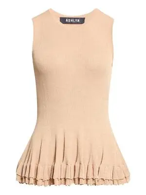 ASHLYN Greer Crew Neck Sleeveless Knit Shell With Ruffled Hem - Tan