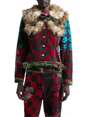 CHOPOVA LOWENA Patchwork Faux Fur Trim Denim Jacket - Black Multi