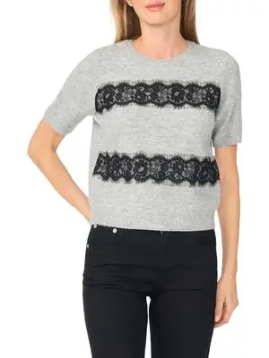 CECE DUPRAZ Lace Stripe Short Sleeve Sweater - Light Heather Grey