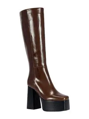 AZALEA WANG Augustine Knee-high Faux Leather Platform Block Heel Boots - Chocolate