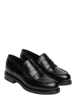 NEROGIARDINI Croc Embossed Leather Penny Loafer - Black