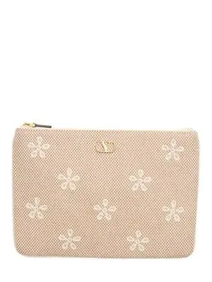 Valentino Garavani Vlogo Signature Medium Floral Embroidered Flat Pouch - Natural