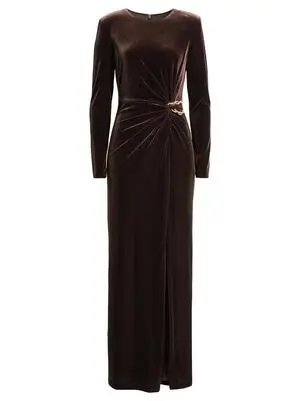 Eliza J Ruched Long Sleeve Velvet Gown - Chocolate
