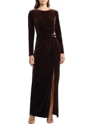 Eliza J Long Sleeve Ruched Velvet Gown - Chocolate