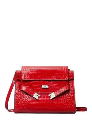 Tory Burch Lee Radziwill Croc Embossed Leather Shoulder Bag - Red Sky