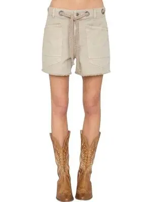 J.O.A. Drawstring Denim Shorts With Frayed Hem - Stone