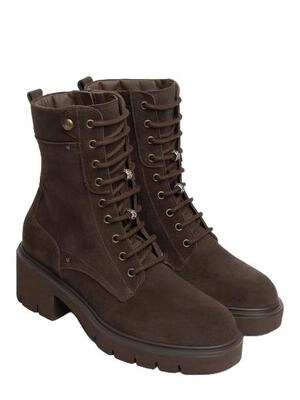 NEROGIARDINI NeroGiardini Block Heel Leather Combat Boots With Embellished Laces Chocolate