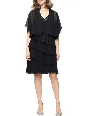 SL FASHIONS Tiered Ruffle Chiffon Dress With Jacket - Black