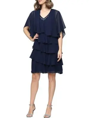 SL FASHIONS Tiered Ruffle Chiffon Dress With Jacket - Navy