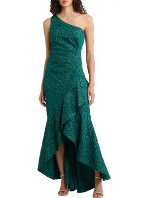 Eliza J Ruffled Lace One-shoulder Gown - Hunter